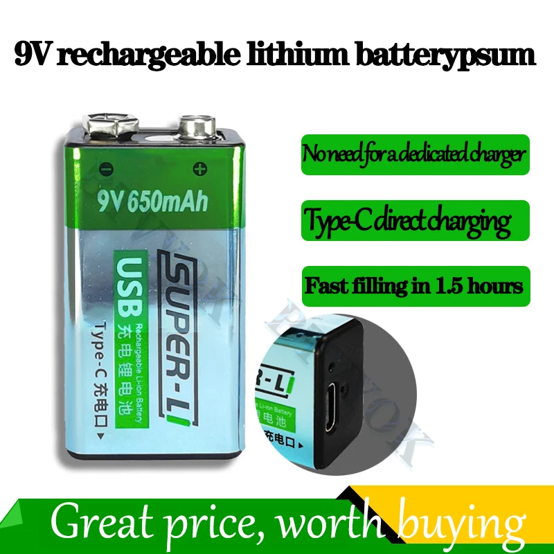 100% New 9V USB rechargeable Li-Ion battery 9V 650mAh is suitable for ...