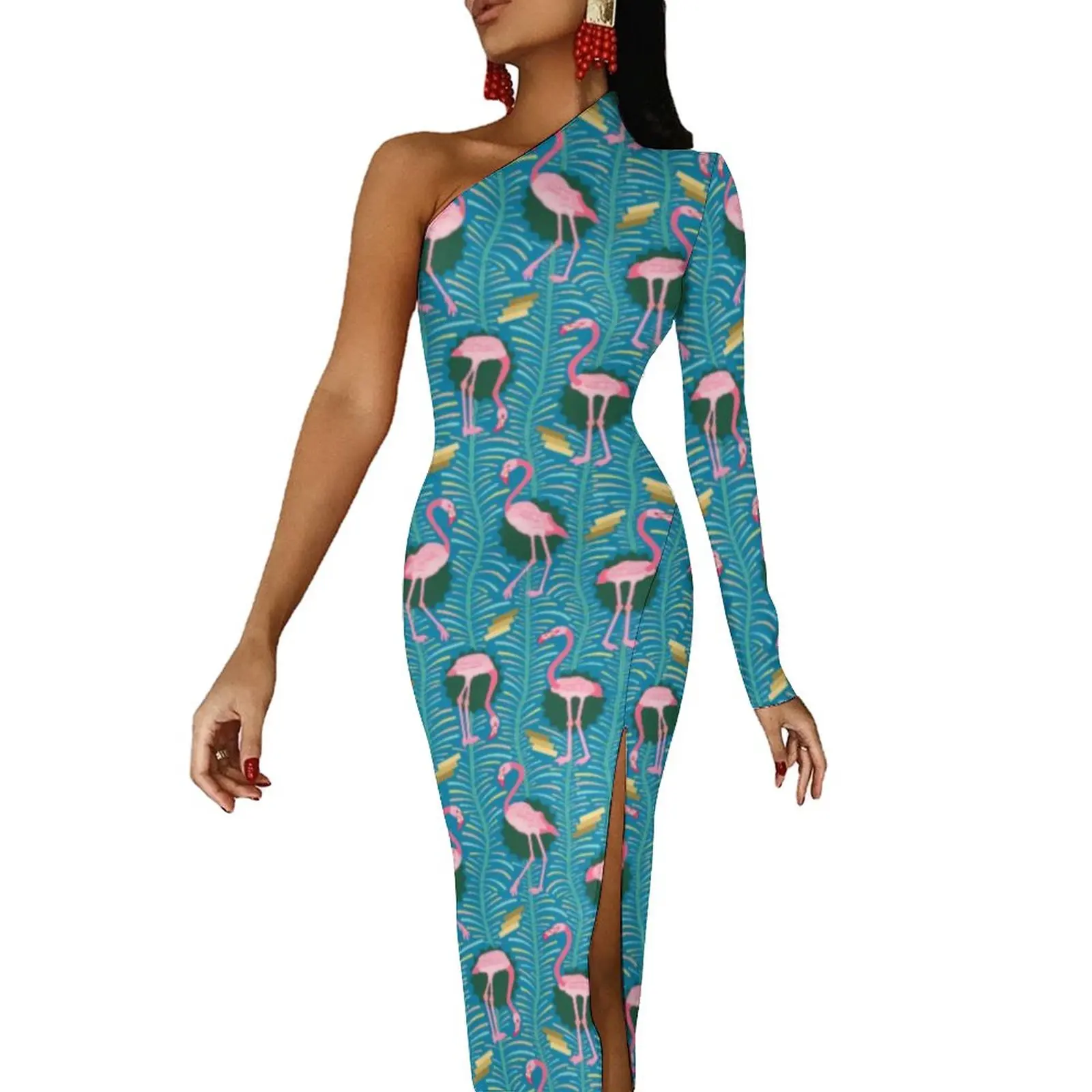 Birds-Print-Bodycon-Dress-Autumn-Pink-Flamingo-Art-Elegant-High-Slit ...