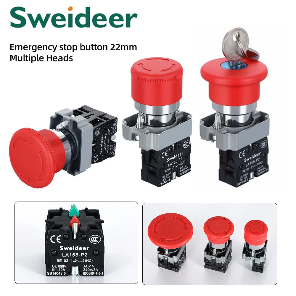 22mm Mushroom Emergency Stop Button Switch XB2-BS542 BS442 BS642 BS142 ...