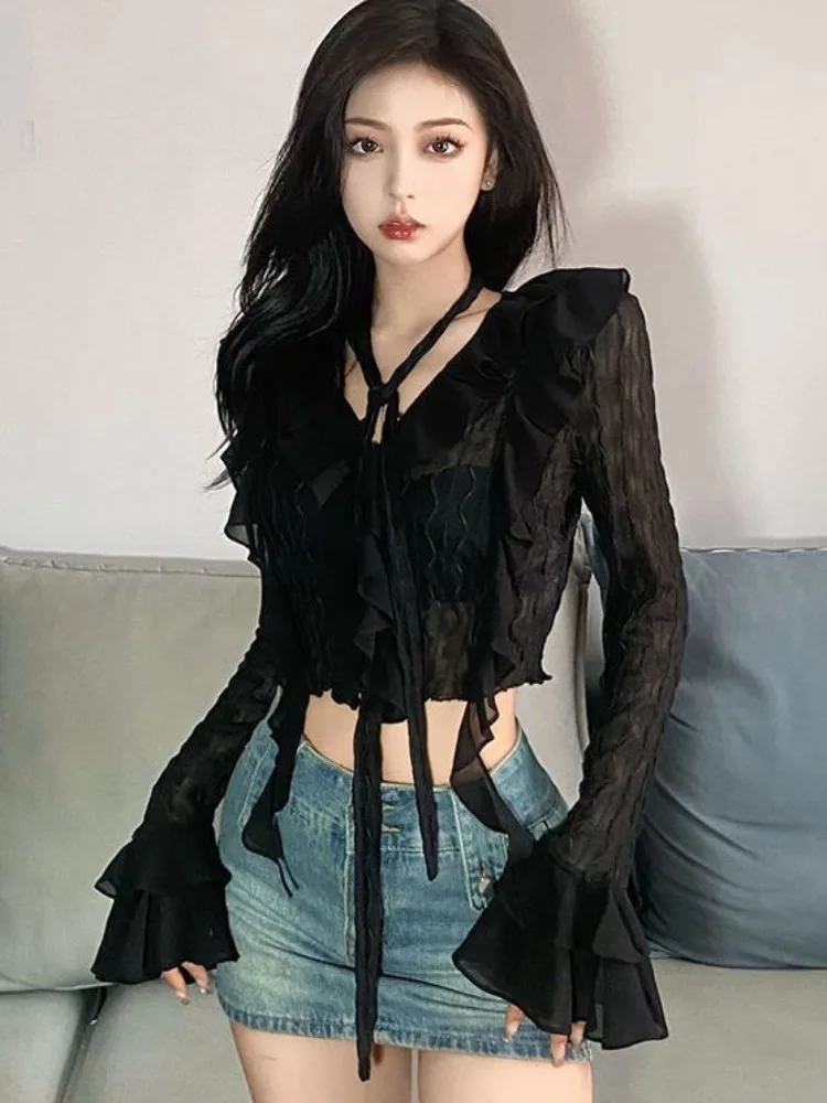 V Neck Sexy Black Crop Blouse Women Ruffled Slim Harajuku Slim Fit Tops ...