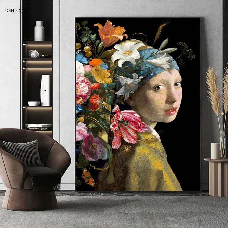Vintage-Famous-Painting-Girl-with-Pearls-Flowers-Canvas-Poster-Mona ...