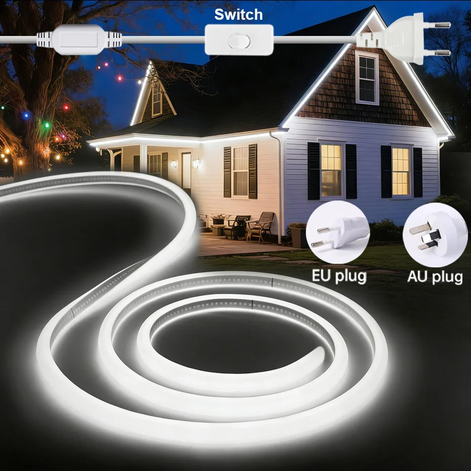 1-50M 220V COB Led Light Strip Switch ON/OFF EU AU Plug IP65 Cuttable ...