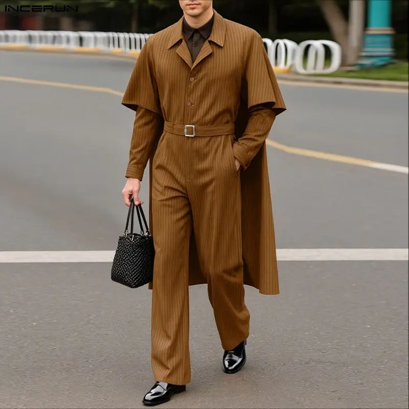 Incerun conjuntos listrados masculinos elegante lapela manga longa ...