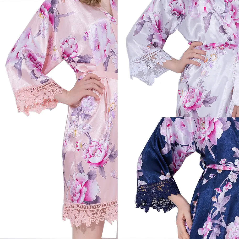 Plus Size Women Silk Satin Floral Lace Trim Robe Wedding Bridal ...