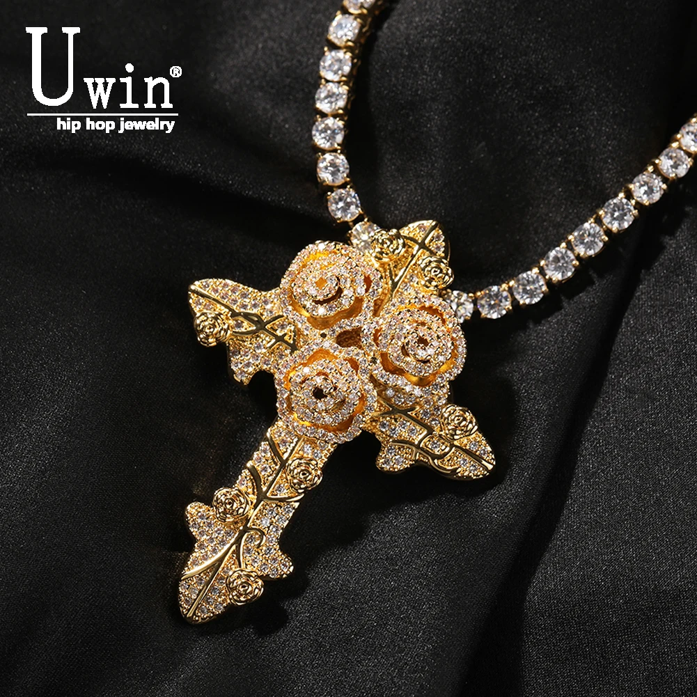 Uwin Rose Cross Pendant Necklace For Women Iced Out Cubic Zirconia ...