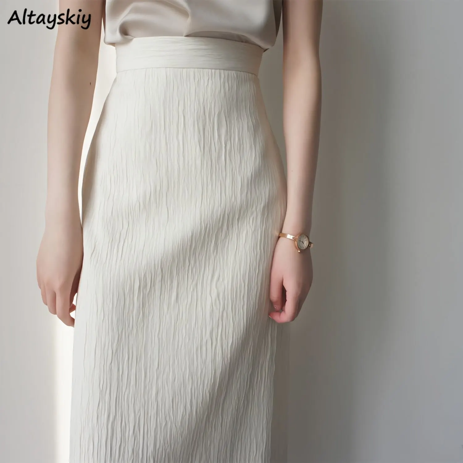 White-Midi-Skirts-Women-High-Waist-Elegant-Females-Aesthetic-All-match ...