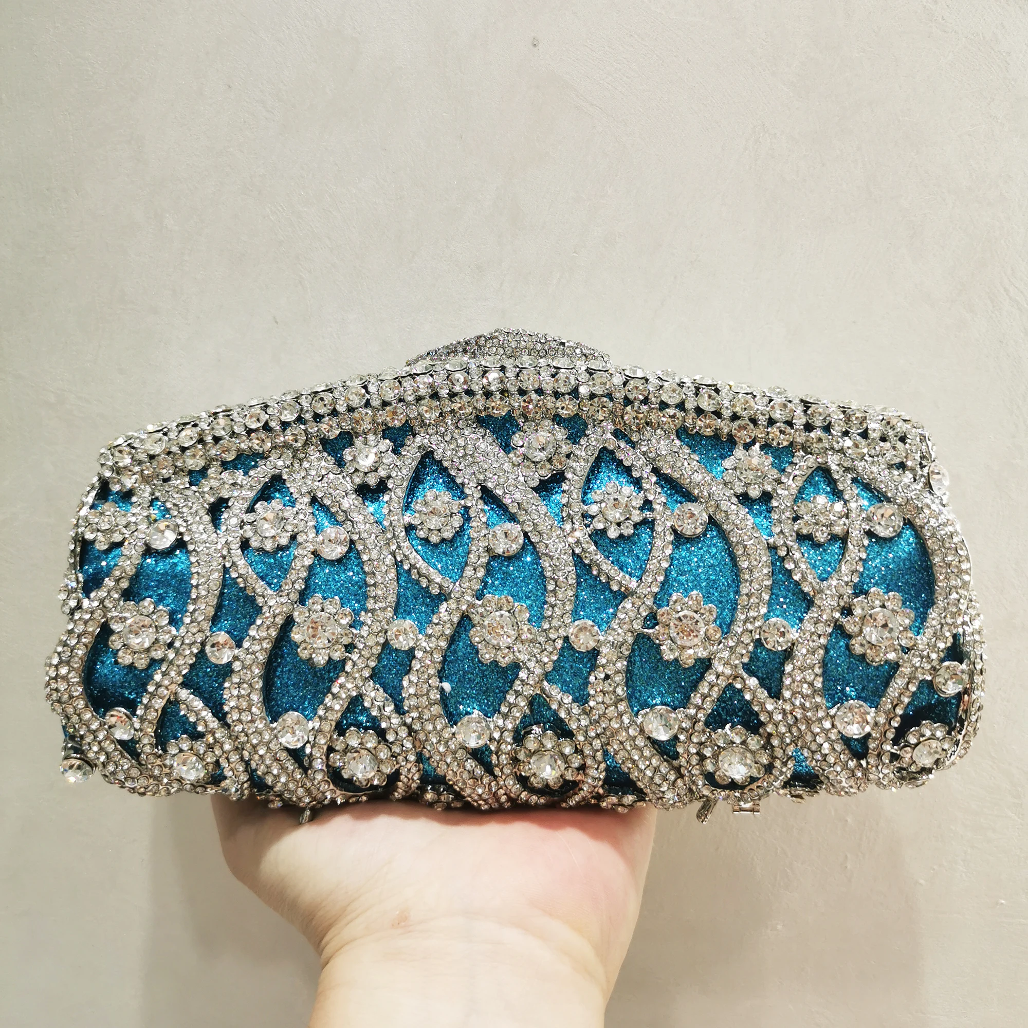 Women Sky Blue Crystal Clutch Purse Stones Evening Bags Metal Hollow ...