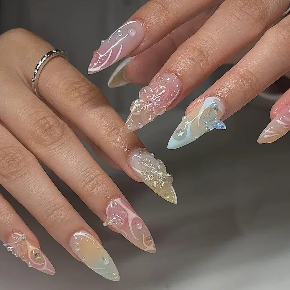 24Pcs Press on Nails Almond False Nails 3D Curves Acrylic Pink Green ...