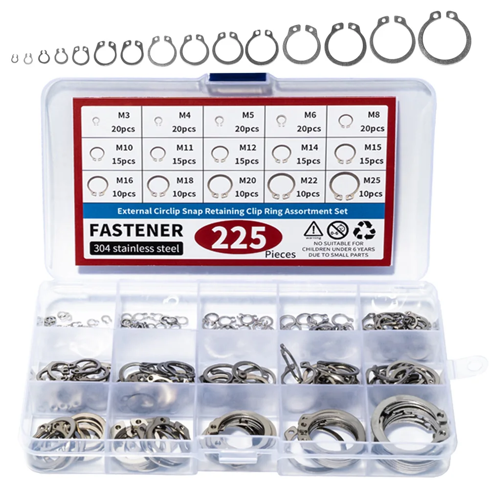 225PCS-External-Retaining-Rings-Snap-Rings-Assortment-kit-304-Stainless ...