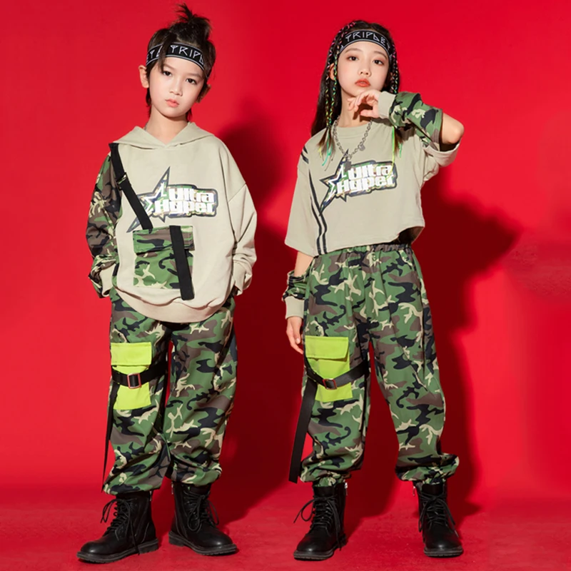 Jazz Modern Dance Rave Clothes Loose Camouflage Hiphop Suit For Kids ...