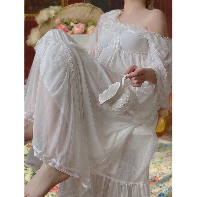 Vintage-Women-Sleepwear-Princess-Dress-Royal-Style-Mesh-Ruffles-Lace ...