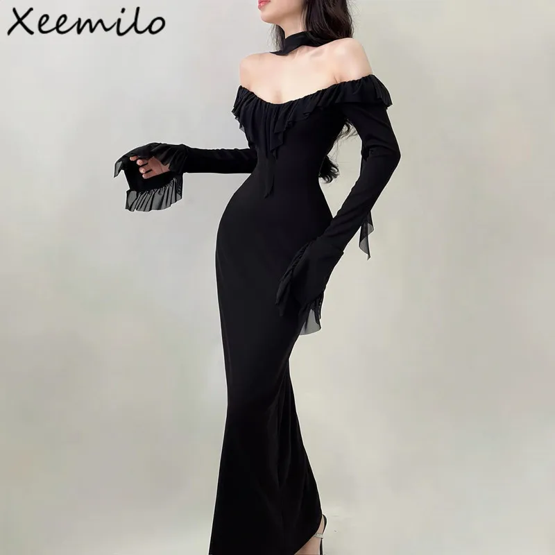 Xeemilo-Black-Mesh-Ruffles-Evening-Dress-Temperament-Round-Collar-Slim ...