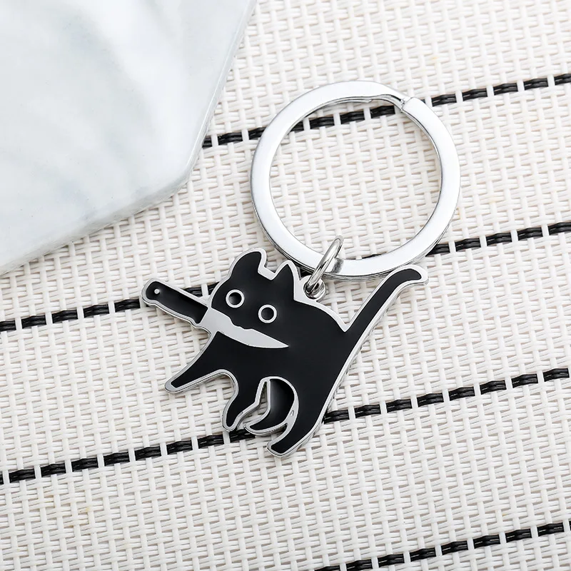 New-Cute-Funny-Black-Cat-Gripping-The-Knife-Key-Chain-for-Women-Men ...