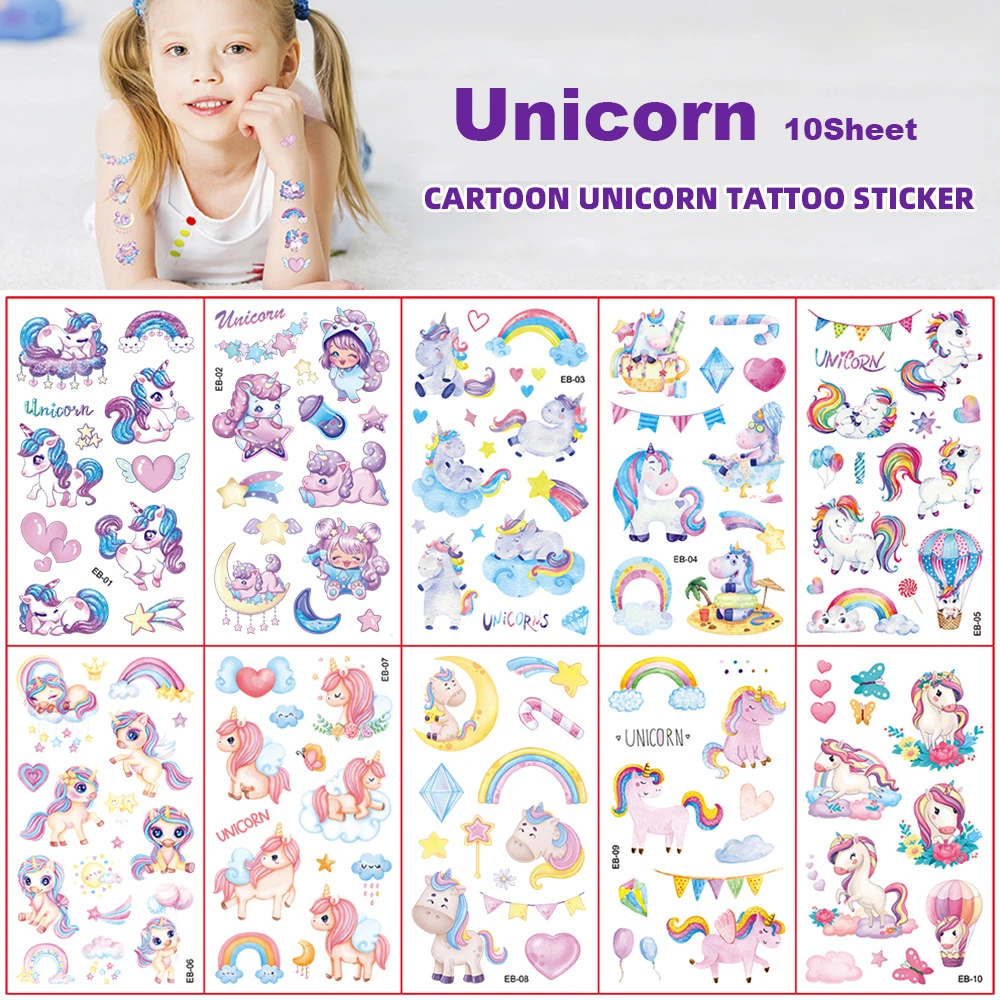 10pcs/set Child Tattoo Sticker Unicorn Princess Temporary Fake Kids ...