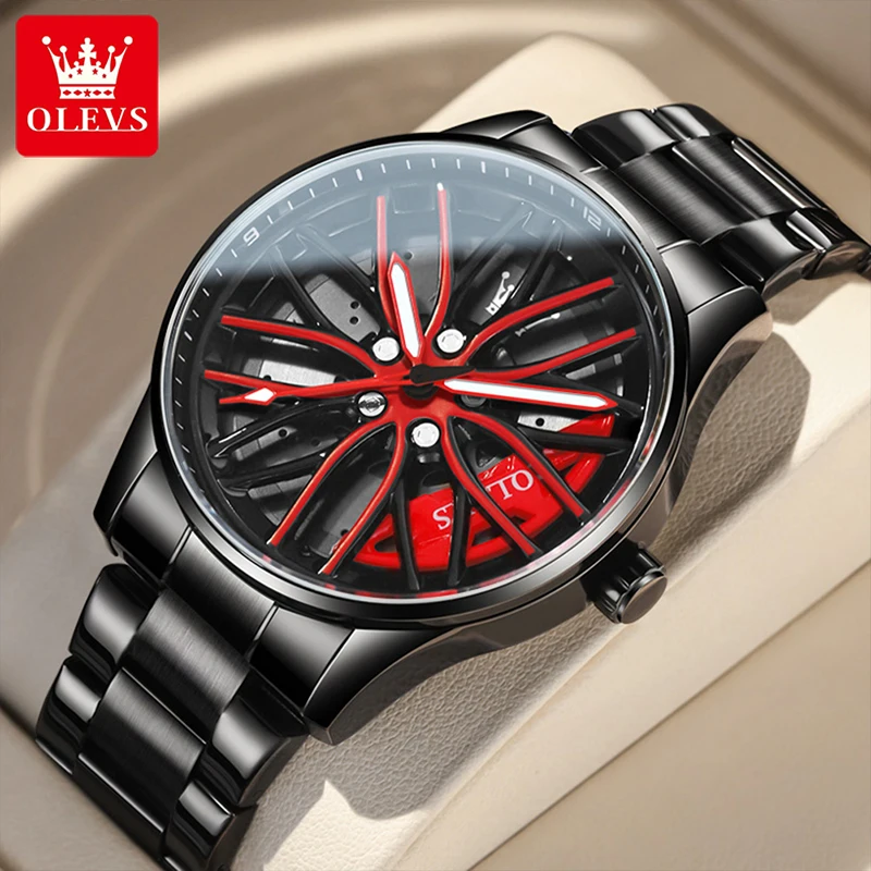 OLEVS Luxury Brand Cool Men Racing Watch 360° Rotating Dial Black Steel ...