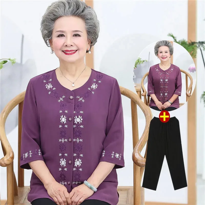 Ropa-de-abuela-para-primavera-y-verano-Blusa-de-cuello-redondo-para ...