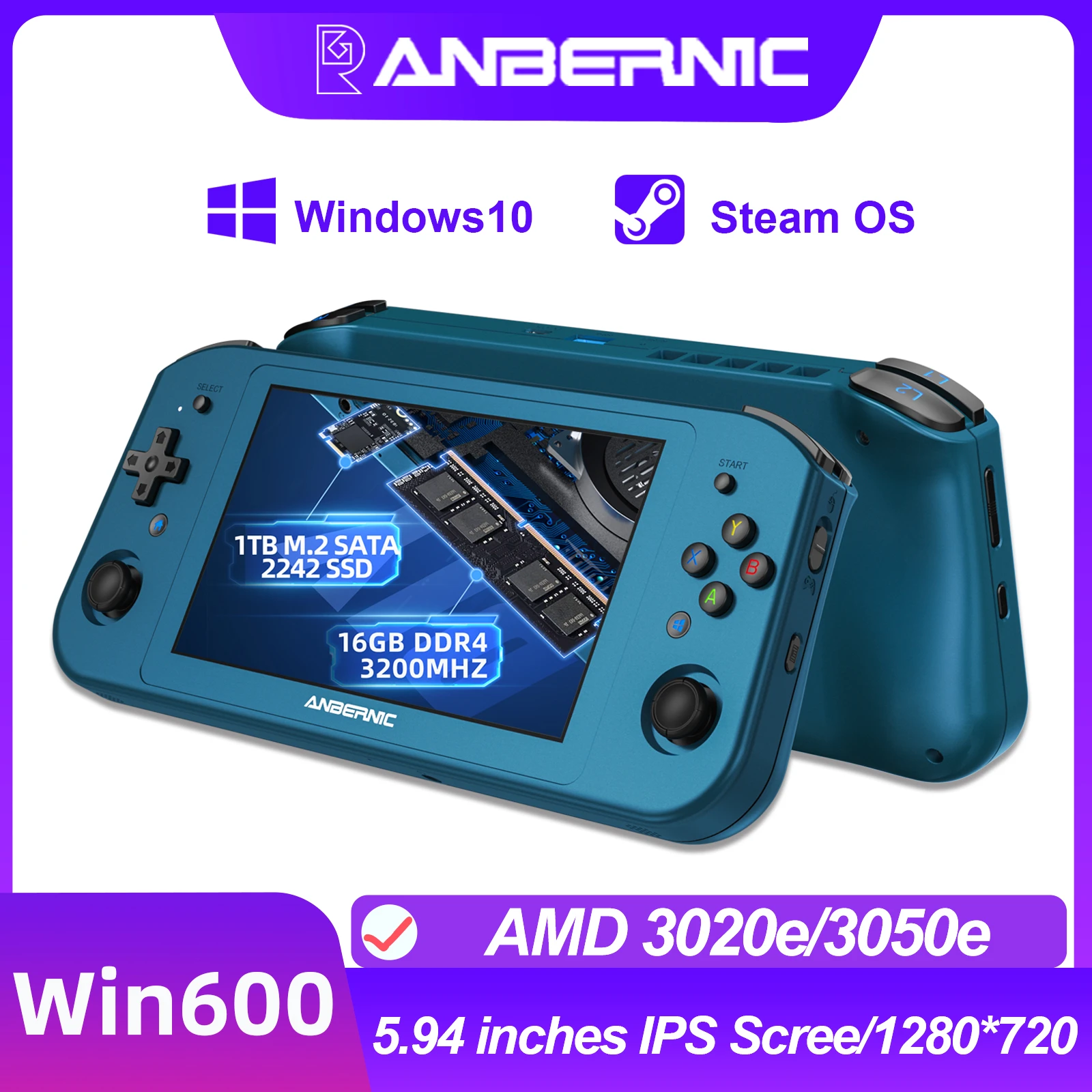 Anbernic Win600 Pc Games Handheld Amd 3020e/3050e 5.94 Inch Ips Screen ...