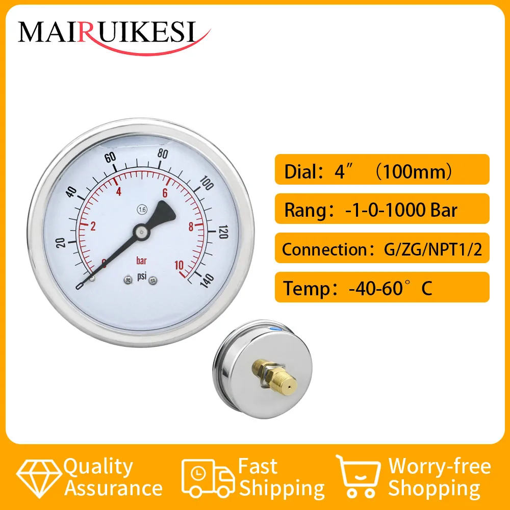 MAIRUIKESI 100mm Pressure Gauges Axial Connection Installation -1...0 ...