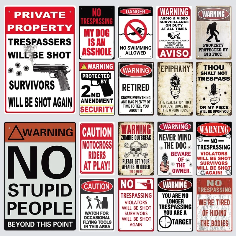 Warning Tin Sign Private Property Gun No Trespassing Retro Vintage ...
