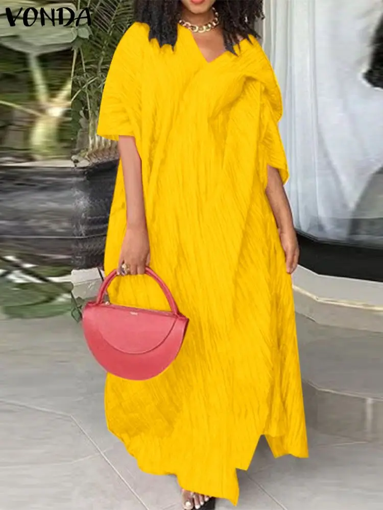 Plus-Size-5XL-VONDA-Women-Bohemian-Dress-2024-Vintage-Solid-Color ...