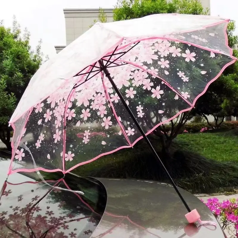 Thickening-Transparent-Three-Fold-Rain-Umbrella-Japanese-Cherry-Blossom ...