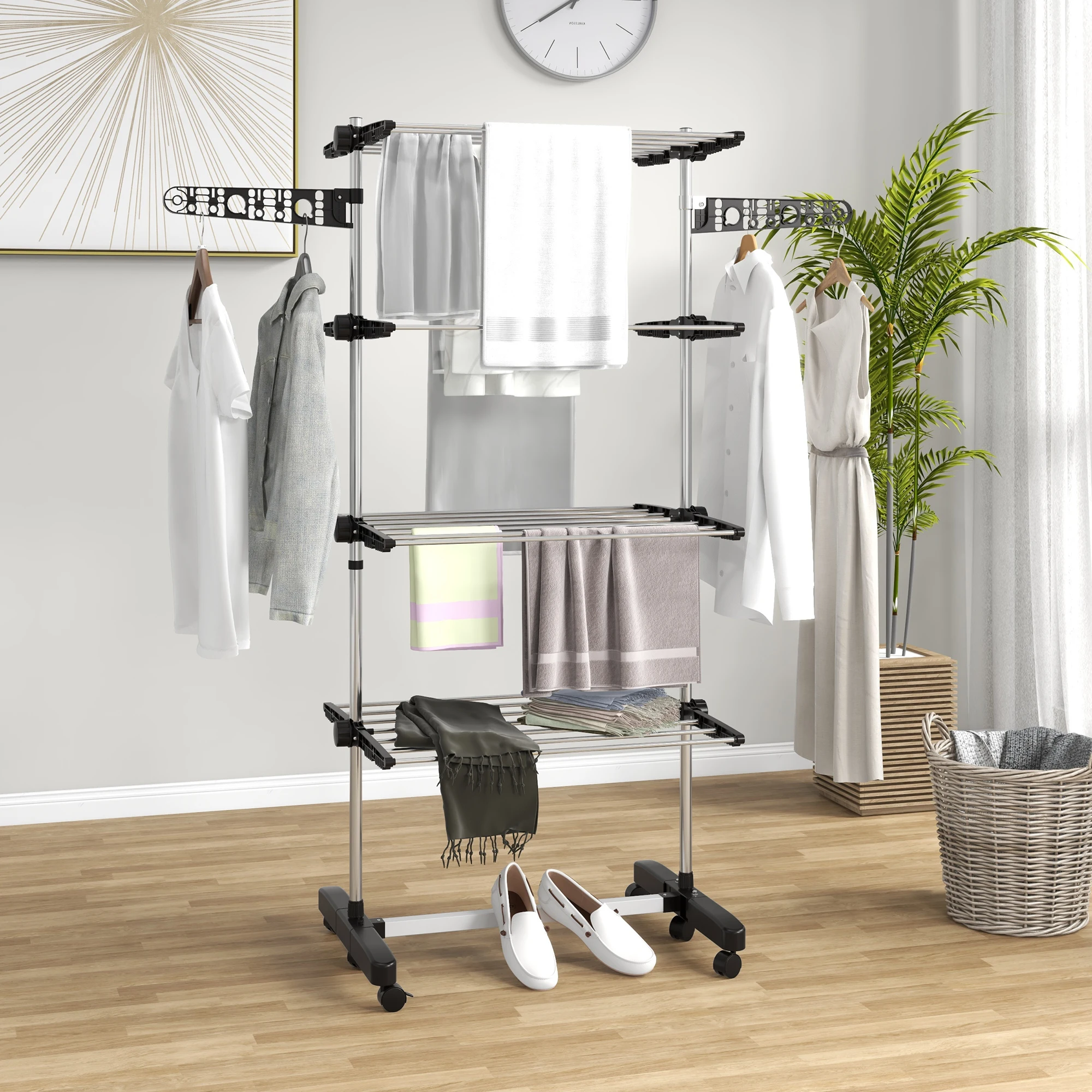 HOMCOM 4-Tier Large Clothes Airer Stainless Steel Clothes Drying Rack ...