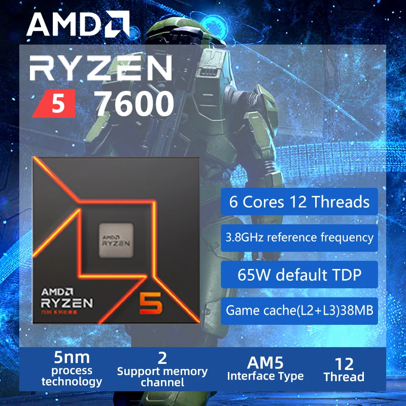 AMD Ryzen 7600 R5 7600 GHz 6-Core 12-Thread CPU Processor 5NM L3=32M ...