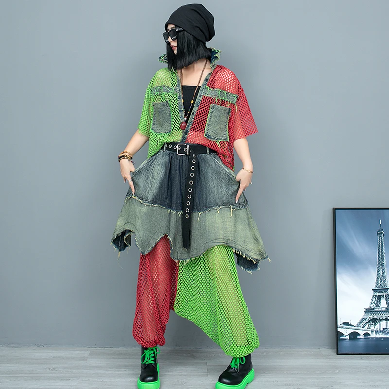 Colorblocked-Clothing-Set-For-Women-Mesh-Grid-Hollow-Out-Matching ...