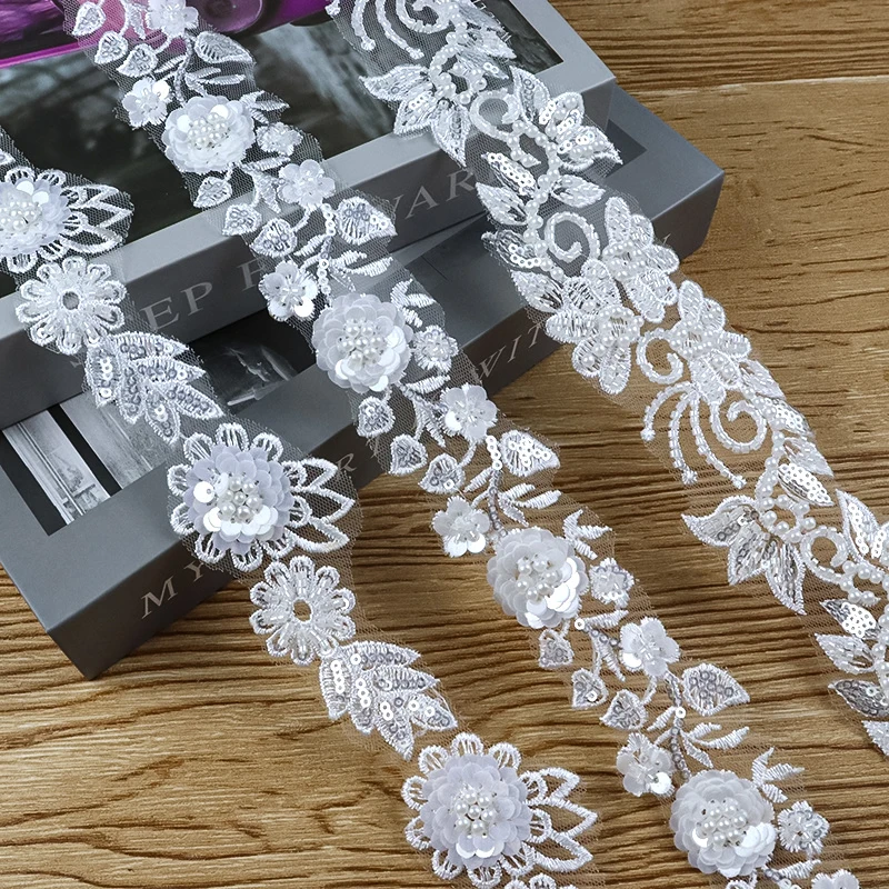 White-Pearl-Sequin-Lace-Trim-Handmade-DIY-Beaded-Lace-Wedding-Dress ...