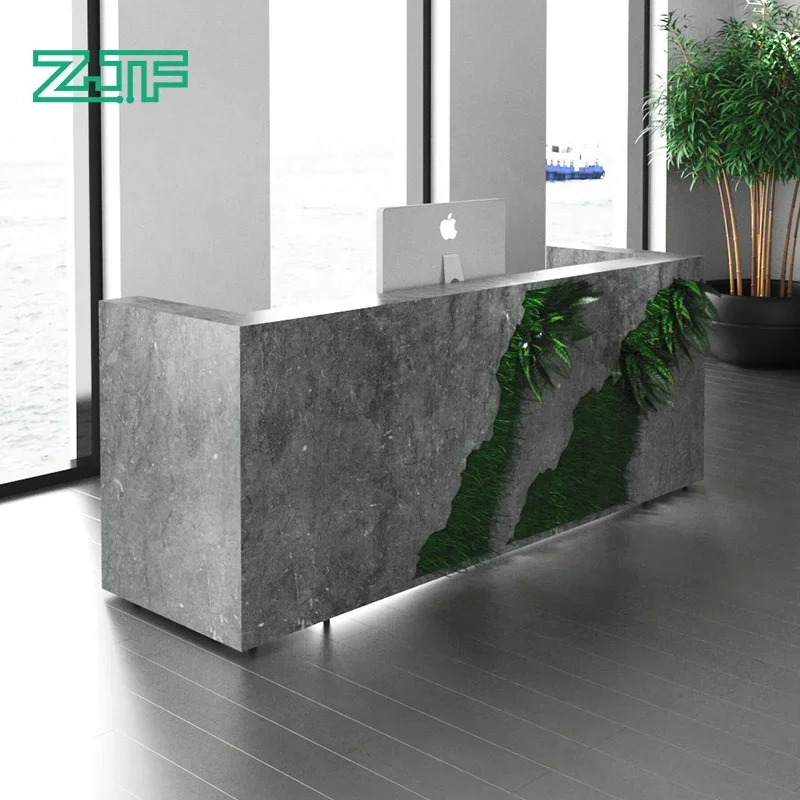 Office 2 Person Wood Reception Counters Imitate Grey Marble Classic ...