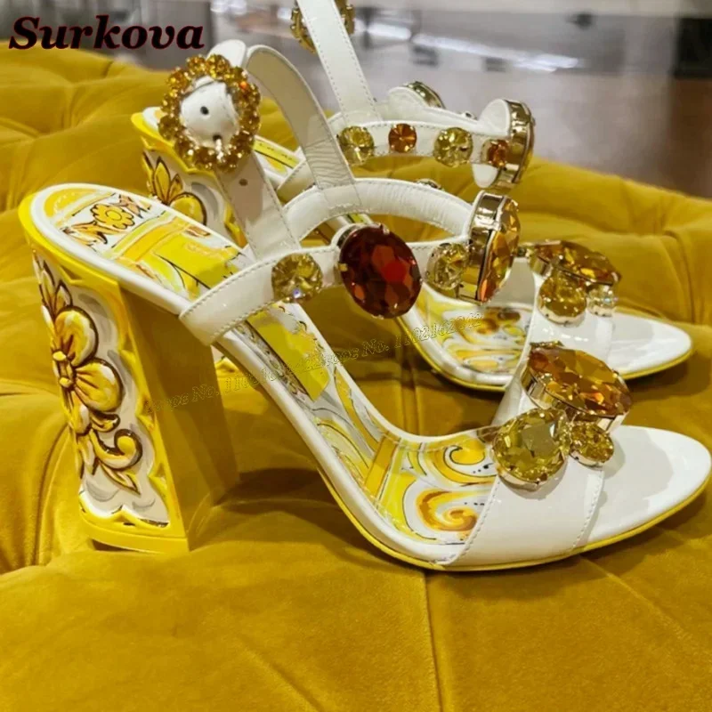 New Summer Gemstone Thick Heel Printed Beach Sandals Women'S Retro ...