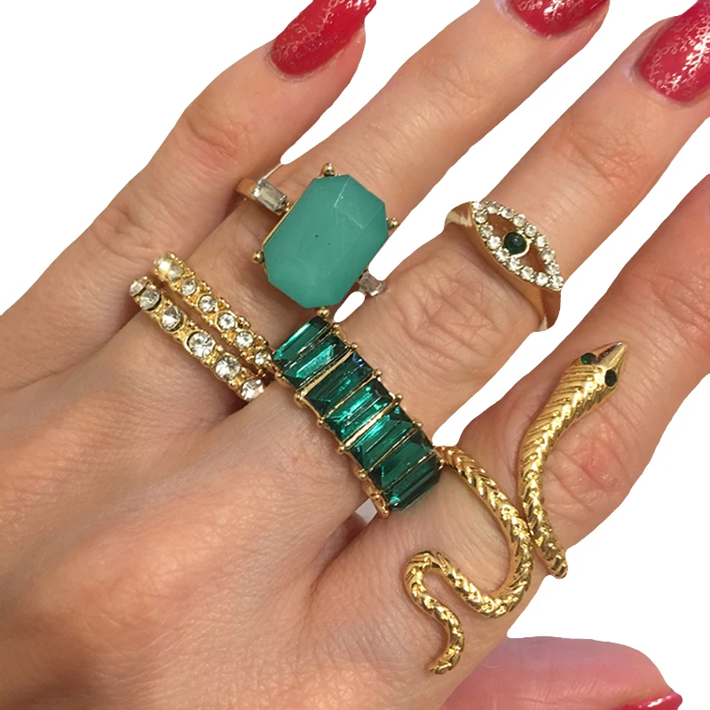 6pcs Luxury Green Crystal Rhinestone Stone Snake Ring For Women Men ...