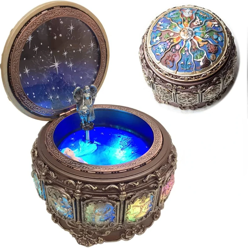Retro 12 Zodiac Music Box with Constellations Rotating Goddess LED ...