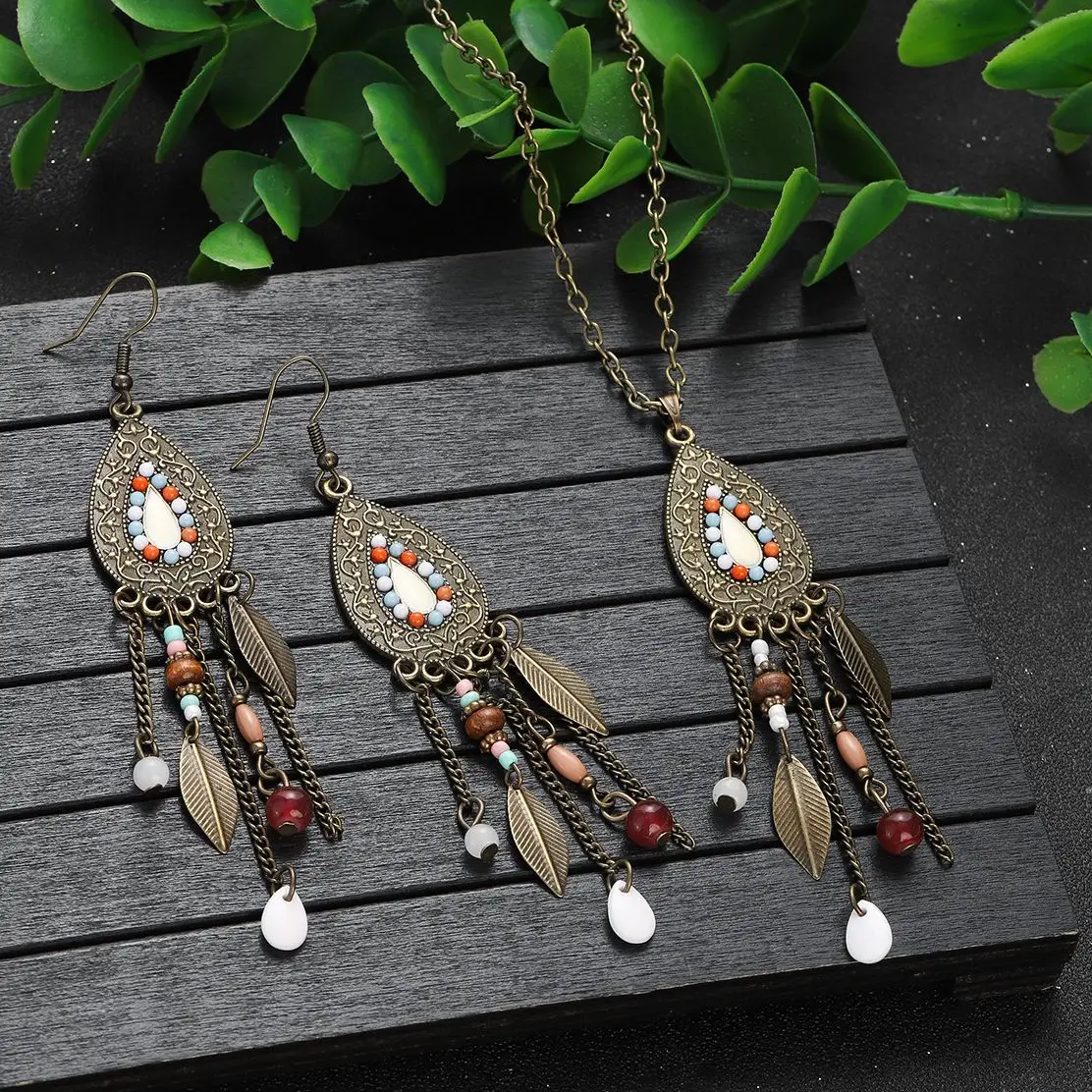 Boho Colorful Beads Water Drop Earring Necklace Set for Women Vintage ...
