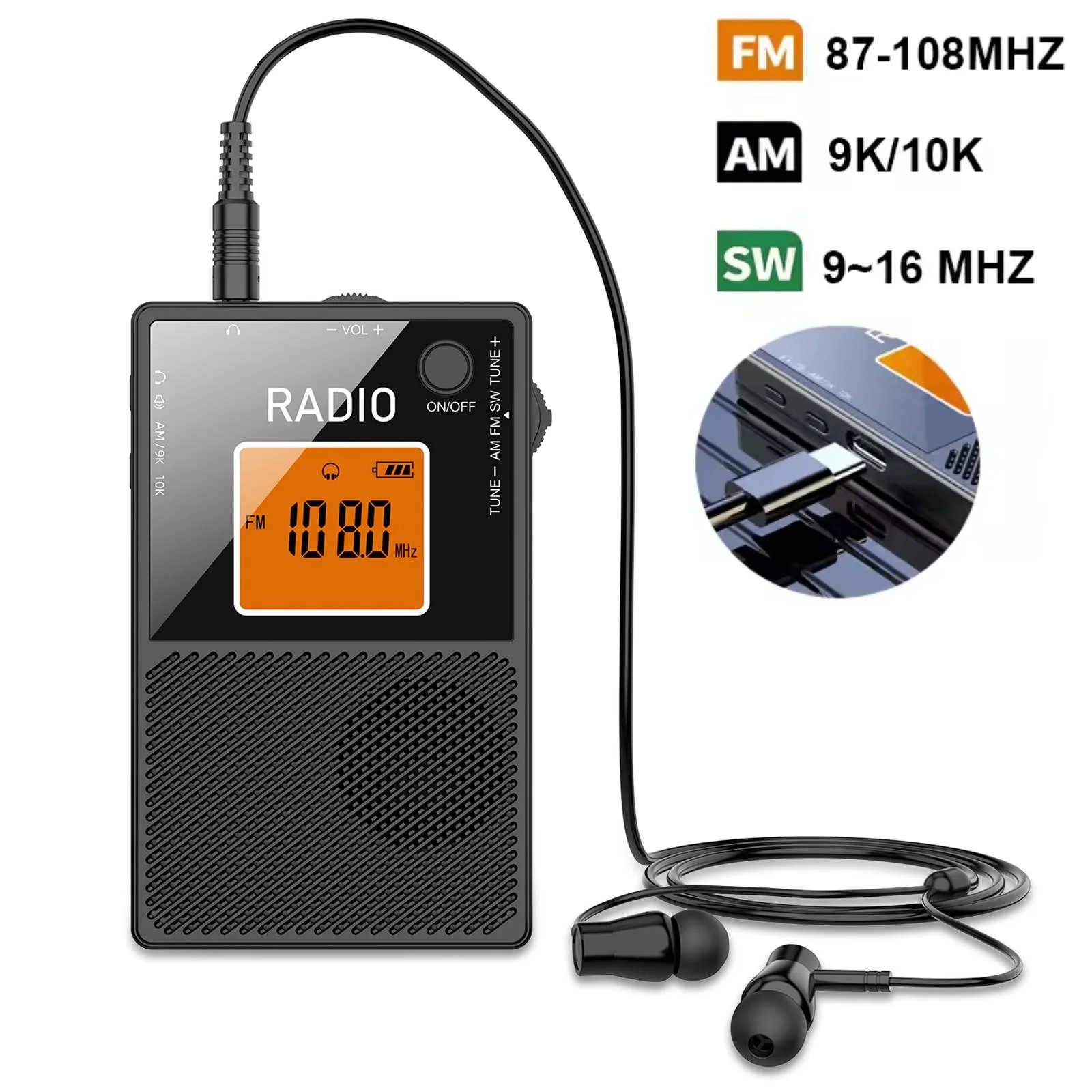 Portable Radio Mini Pocket AM FM SW Radio Type-C Charging Stereo ...
