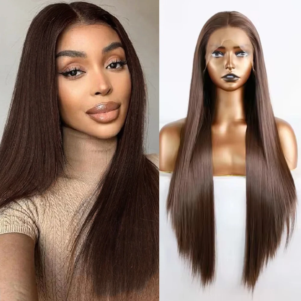 Dark-Brown-Wig-Synthetic-Lace-Frong-Wig-Silk-Straight-Hair-Glueless-Wig ...