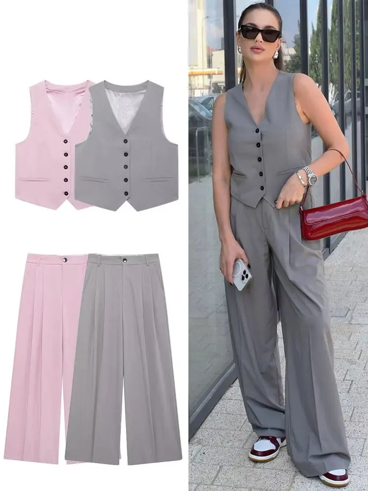 HH Women Vest Pant Sets Front False Welt Pockets Adjustable Back Strap ...