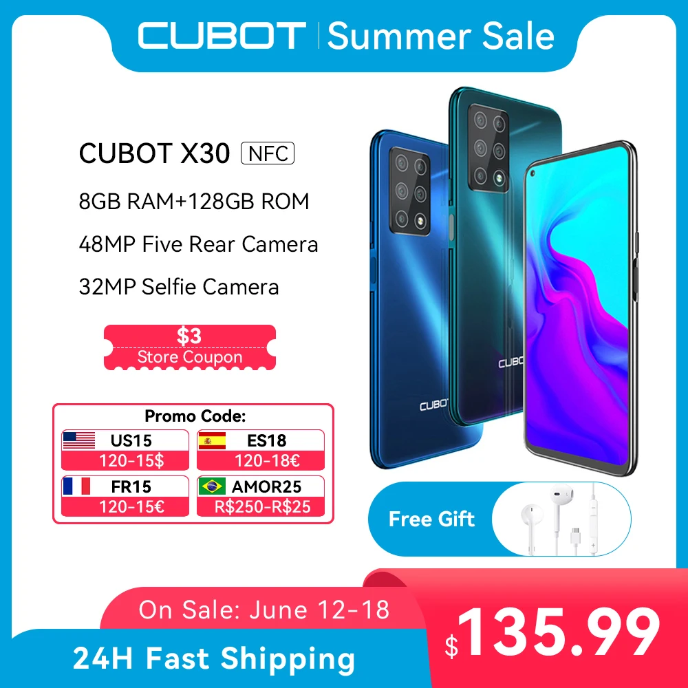 Cubot X30 8GB 스마트 폰 48MP 5 카메라 32MP 셀카 NFC 256GB 6.4 인치 FHD + 풀 뷰 디스플레이 ...