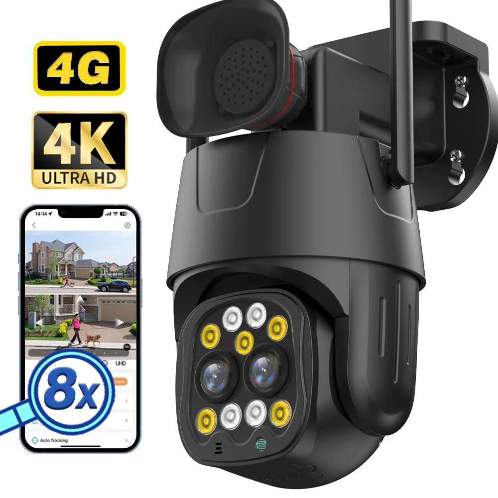 4G Sim Card IP Camera 4K 8MP Dual Lens 8X Zoom Wifi Camera Outdoor ...