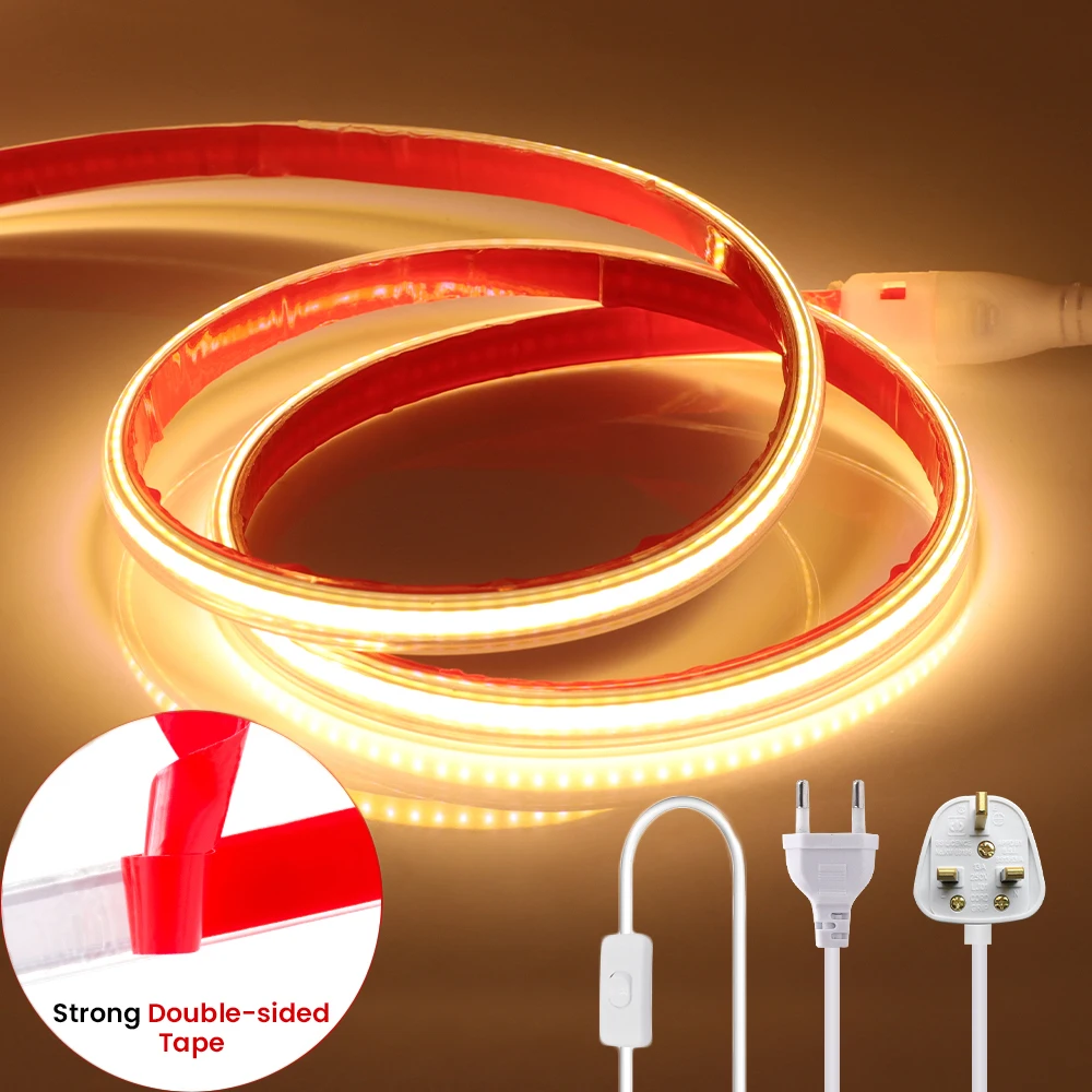 High-Brightness-220V-COB-LED-Strip-Light-Adhesive-Waterproof-Flexible ...