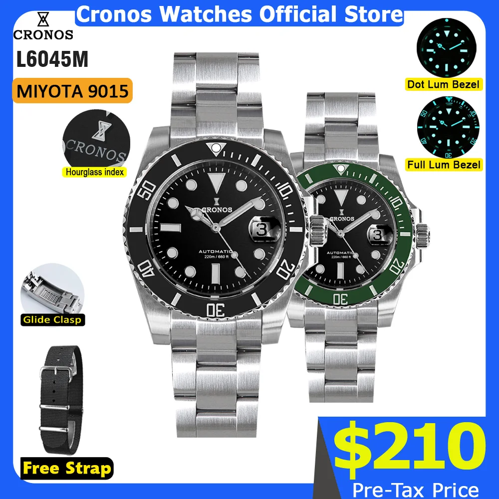 Cronos Sub Diver Relógio masculino Miyota 9015 com mostrador esmaltado ...