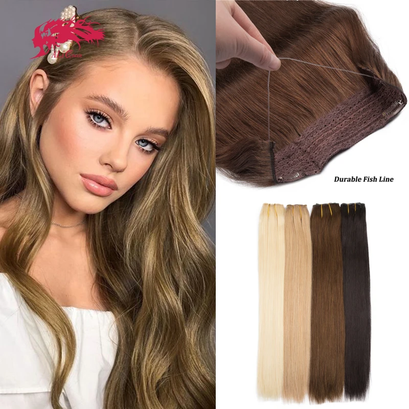 Straight-Fishing-Line-Human-Hair-Extensions-Clip-in-One-Piece-Invisible ...