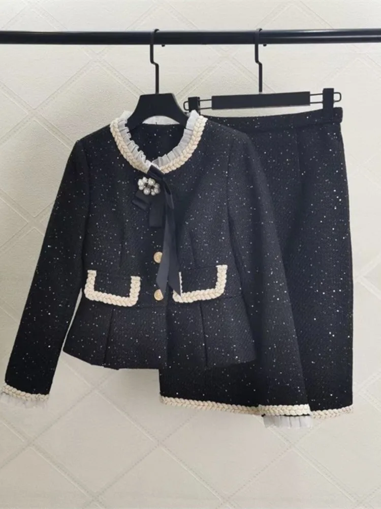 Women-Vintage-Black-Tweed-Two-Piece-Set-2024-Autumn-Winter-New-Diamonds ...