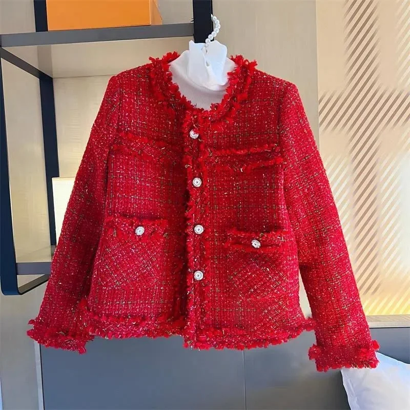 Wool-Red-Jacket-Woman-Fluffy-Short-Padded-Warm-Tweed-Winter-Woolen-2023 ...