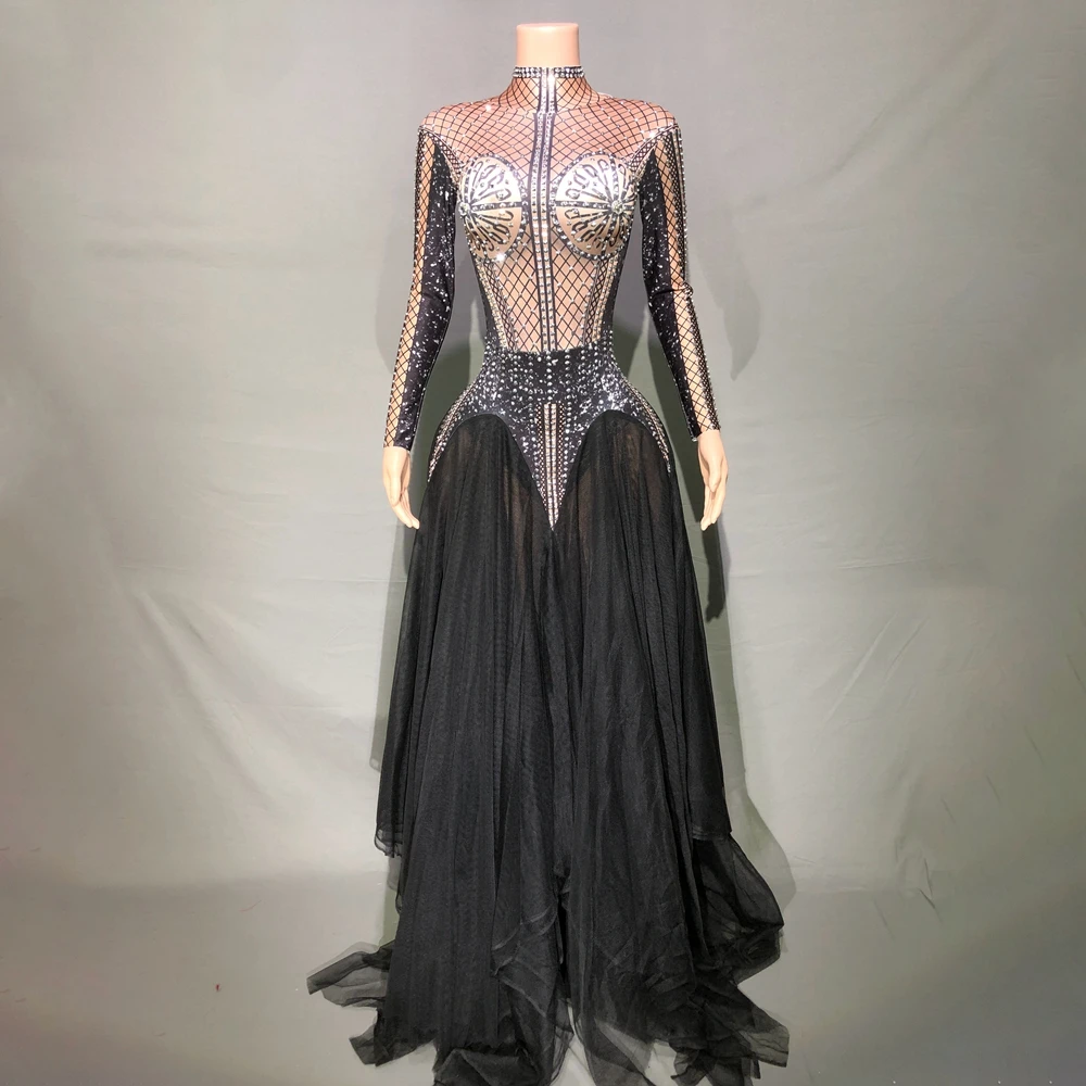 Sparkly-Rhinestones-Black-Mesh-Long-Dress-for-Women-Stage-Performance ...