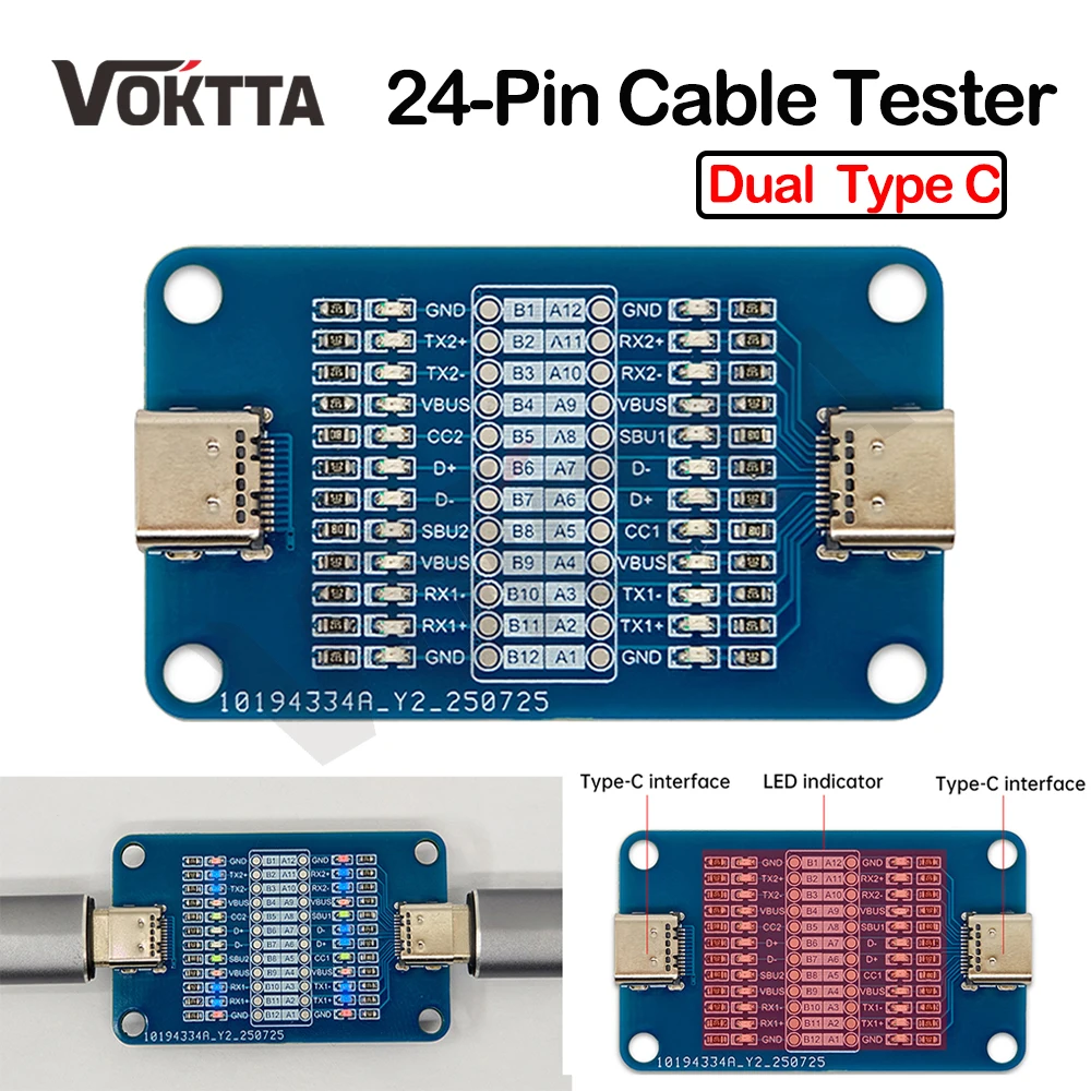 24-Pin Type-C Cable Tester Full Detection Dual Head LED Indicator for ...