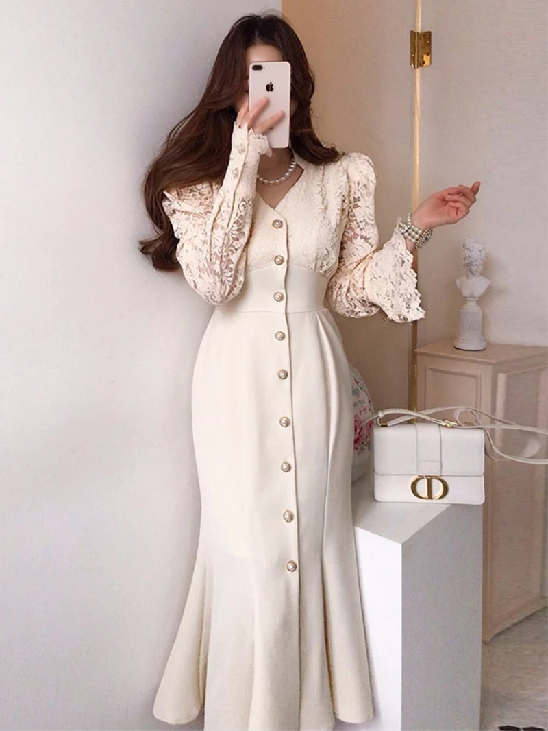 Ladies Elegant Button Up Lace Patchwork Trumpet Long Dresses Women ...
