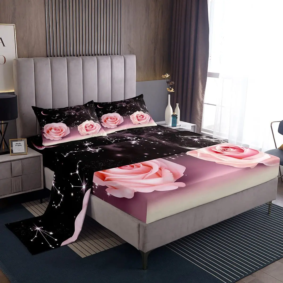 Moon-Stars-Sheet-Set-Starry-Sky-Night-Light-Fitted-Sheet-Pink-Rose ...