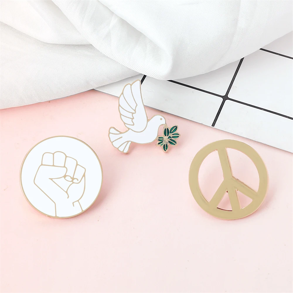 Animal Pigeon Peace Dove Enamel Pins Metal Peace Symbol Fist Round ...