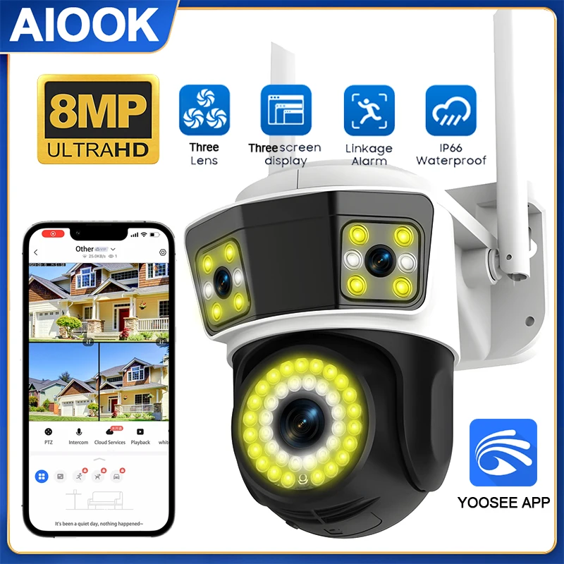 AIOOK-3-Lens-HD-8MP-YOOSEE-Camera-WIFI-Outdoor-Waterproof-Two-Way ...